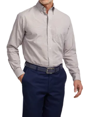 PAUL FREDRICK Cotton Buttondown Collar Broadcloth Classic Contrast Trim Button Cuff Long Sleeve Shirt - Brown/white