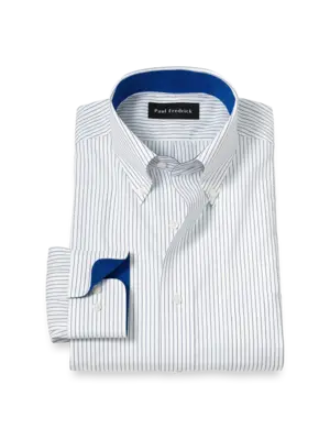 PAUL FREDRICK Cotton Buttondown Collar Broadcloth Classic Contrast Trim Button Cuff Long Sleeve Shirt Cobalt