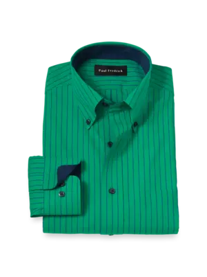 PAUL FREDRICK Cotton Buttondown Collar Broadcloth Slim Contrast Trim Button Cuff Long Sleeve - Green