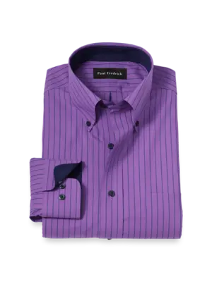 PAUL FREDRICK Cotton Buttondown Collar Broadcloth Slim Contrast Trim Button Cuff Long Sleeve - Purple