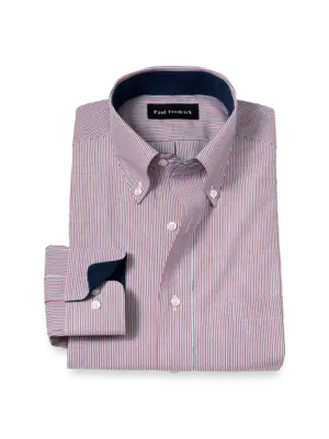 PAUL FREDRICK Cotton Buttondown Collar Broadcloth Slim Contrast Trim Button Cuff Long Sleeve - Red