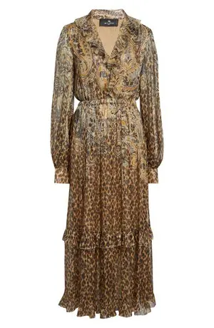Etro Silk Blend Metallic Plissé Maxi Dress