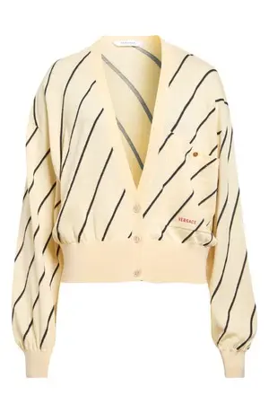 Versace Diagonal Stripe Wool Intarsia Cardigan - Cream