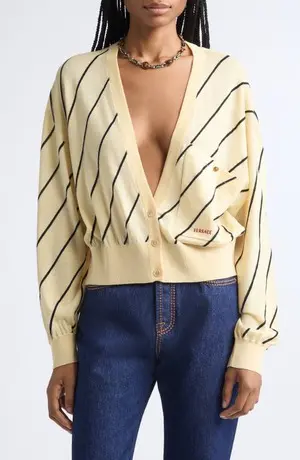 Versace Diagonal Stripe Wool Intarsia Cardigan - Cream