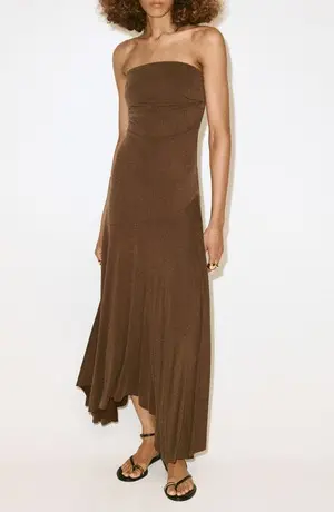 Mango Asymmetrical Draped Strapless Jersey Dress