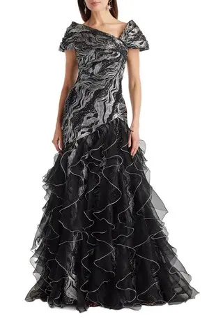 Tadashi Shoji Jacquard Lace And Ruffle Gown
