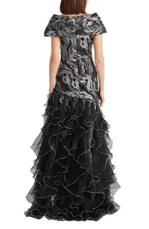 Tadashi Shoji Jacquard Lace And Ruffle Gown