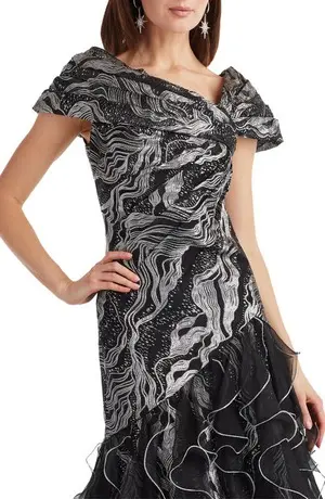 Tadashi Shoji Jacquard Lace And Ruffle Gown