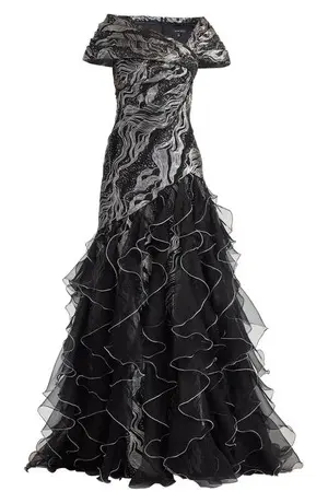 Tadashi Shoji Jacquard Lace And Ruffle Gown