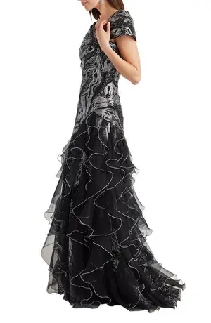 Tadashi Shoji Jacquard Lace And Ruffle Gown
