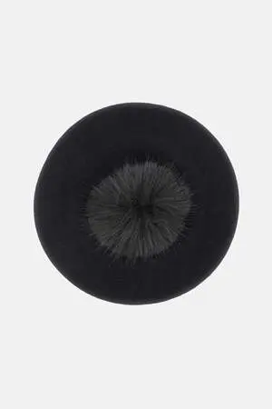 Borsalino Wool Felt Baker Boy Cap With Fur Pom Pom - Nero