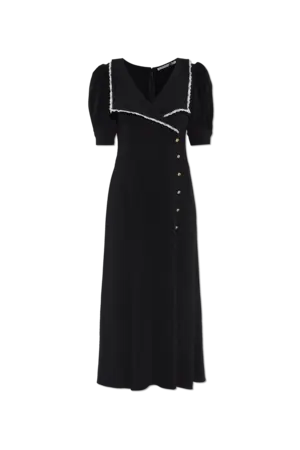 Alessandra Rich Midi Dress With Lace-trimmed Collar And Gold Buttons - Black