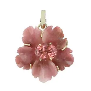 ARTISAN 14k Yellow Carved Onyx & Pink Tourmaline Flower Pendant - Gold