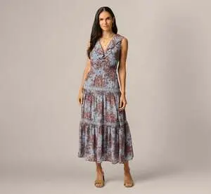 ADRIANNA PAPELL Vintage Floral Lace Trim Ruffle Maxi Dress In Dusty Blue Multi