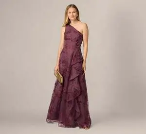Adrianna Papell Petite One Shoulder Floral Embroidered Gown - Raisin
