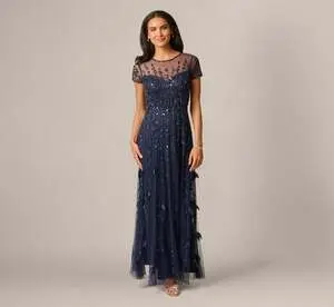 Adrianna Papell Short Sleeve Beaded Gown
