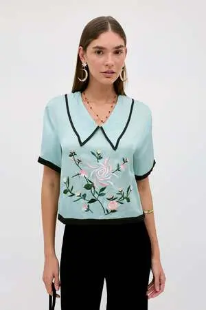 Rixo Nicolina Frida Embroidery Mist Top - Blue