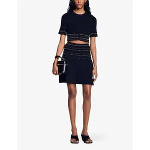 Sandro Stud-embellished Flared Knitted Mini Skirt