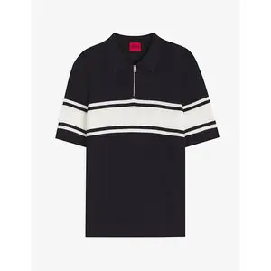 Hugo Short-sleeved Striped Knitted Polo Jumper - Dark Blue