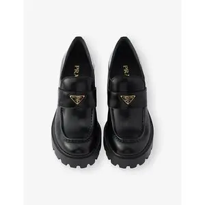 Prada Brushed Leather Loafers With Enamelled Triangle Logo And Block Heel