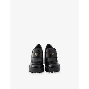 Prada Brushed Leather Loafers With Enamelled Triangle Logo And Block Heel