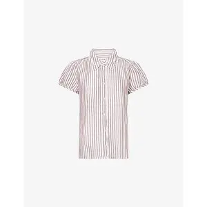 ME+EM Me + Em Striped Cotton Blouse With Lace Trim - Soft White/pecan Bro
