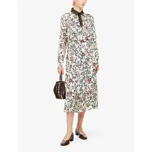 Sacai Floral Print Satin Collar Midi Dress