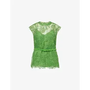 Carolina Herrera Belted Semi-sheer Floral Lace Top