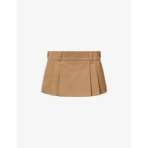 Miu Miu Logo-embroidered Pleated Cotton Mini Skirt - Sughero