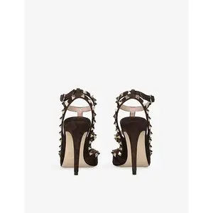 Valentino Garavani Rockstud 100 T-bar Suede Heeled Sandals - Dark Brown