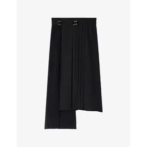 Sandro Pleated Asymmetric Woven Midi Skirt - Black