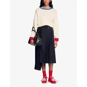 Sandro Pleated Asymmetric Woven Midi Skirt
