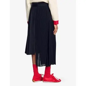 Sandro Pleated Asymmetric Woven Midi Skirt