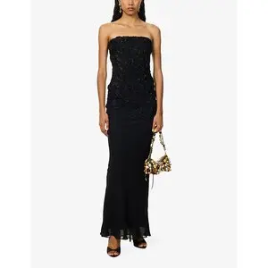ROTATE BY BIRGER CHRISTENSEN Flower-embroidered Strapless Mesh Maxi Dress