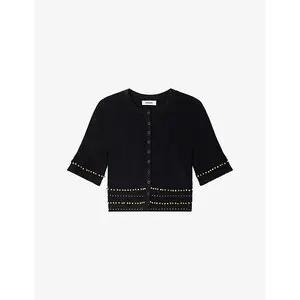 Sandro Cropped Bead-embellished Knitted Cardigan - Black