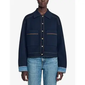 Sandro Collared Knitted Jacket-style Cardigan With Denim Cuffs