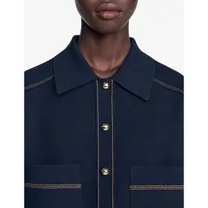 Sandro Collared Knitted Jacket-style Cardigan With Denim Cuffs