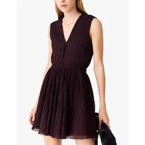 Maje Pleated V-neck Mini Dress - Eggplant