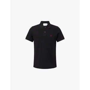 AMI Paris Logo-embroidered Cotton Polo T-shirt - Noir