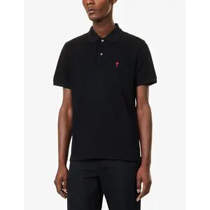 AMI Paris Logo-embroidered Cotton Polo T-shirt - Noir
