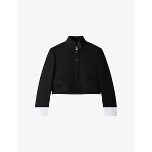 Sandro Cropped Pinstriped Woven Jacket With Stand Collar - Black