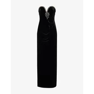 SELF-PORTRAIT Brooch-embellished Sweetheart-neck Velvet Maxi Dress