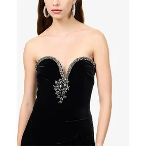SELF-PORTRAIT Brooch-embellished Sweetheart-neck Velvet Maxi Dress