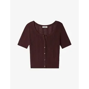 Sandro Short-sleeved Pointelle Knit Cropped Cardigan - Brown