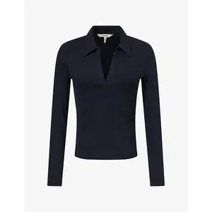ME+EM V-neck Ribbed Cotton-blend Polo Top - Navy