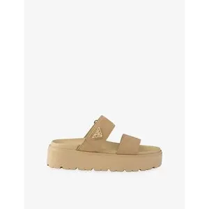 Prada Double Strap Nubuck Leather Platform Slides - Neutral