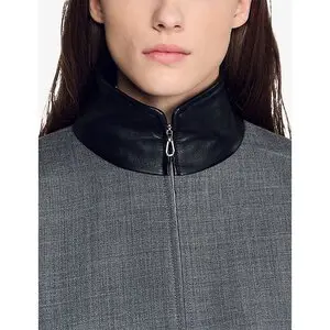 Sandro Relaxed-fit Wool Jacket With Leather Collar