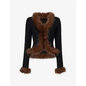SELF-PORTRAIT Faux Fur Trimmed Woven Cardigan - Black