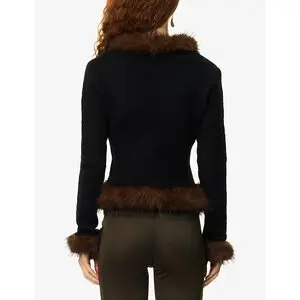 SELF-PORTRAIT Faux Fur Trimmed Woven Cardigan - Black