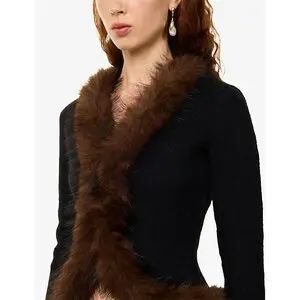 SELF-PORTRAIT Faux Fur Trimmed Woven Cardigan - Black